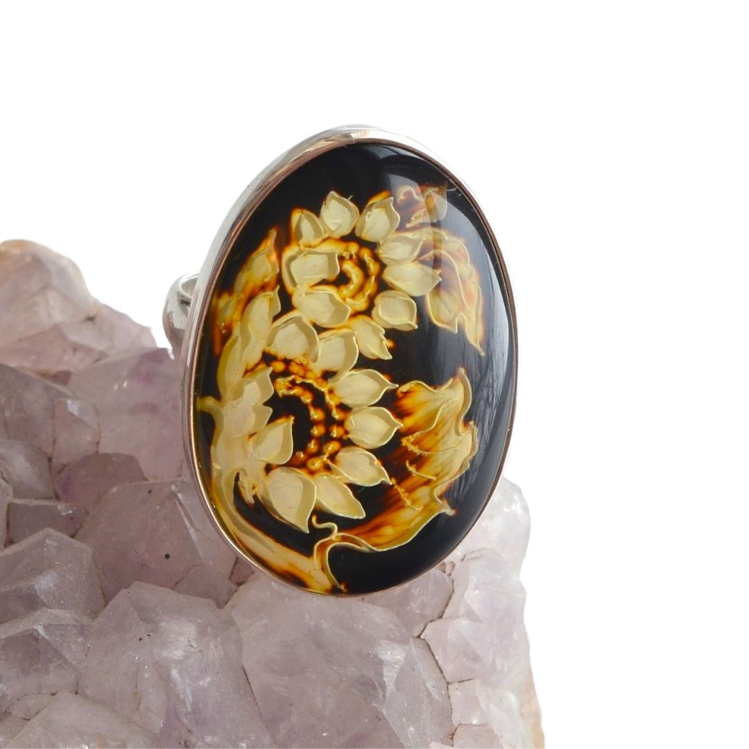 Baltic Amber Adjustable Flower Intaglio Ring – The Amber Lady